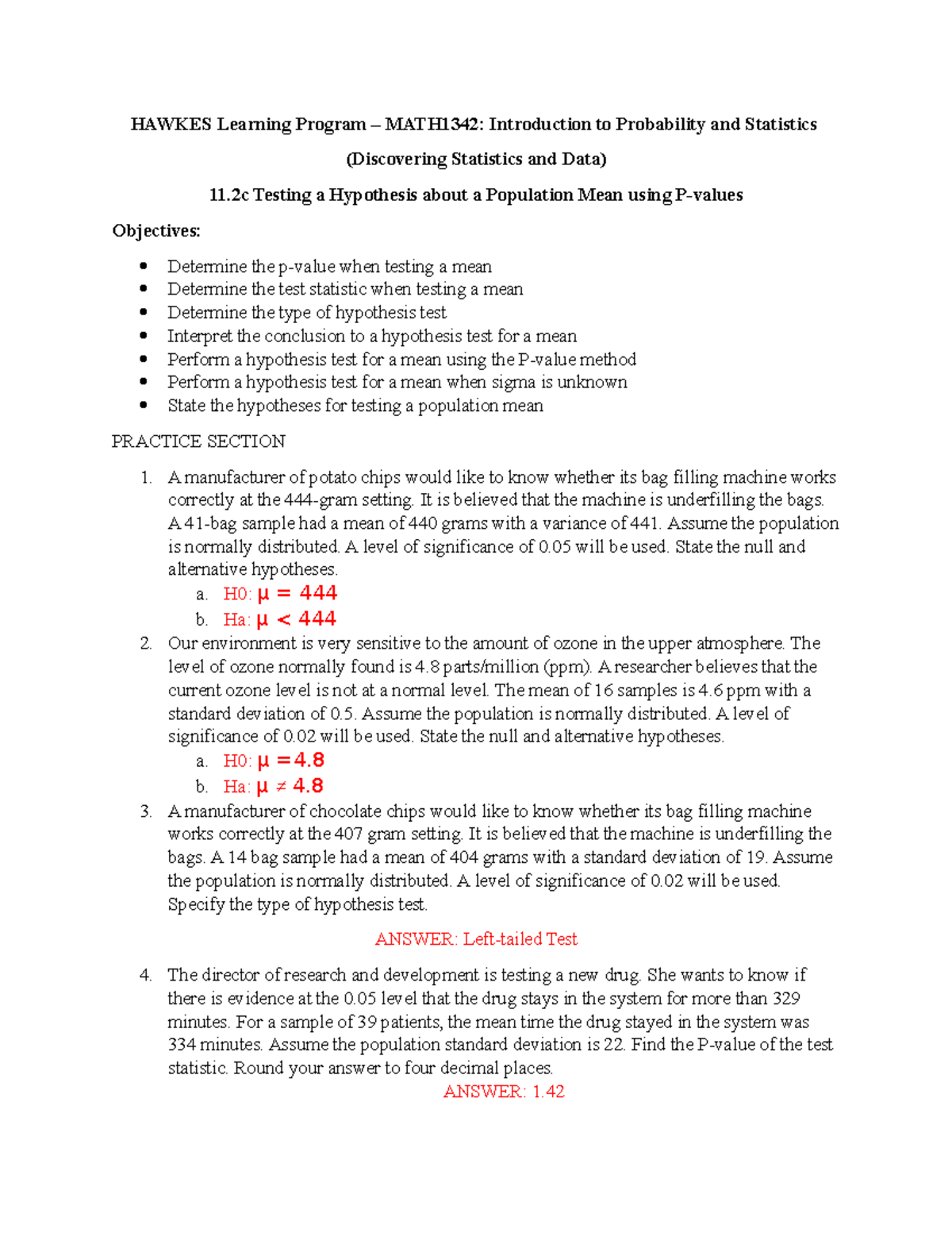 MATH1342 Lesson 11.2c Testing a Hypothesis about a Population Mean ...