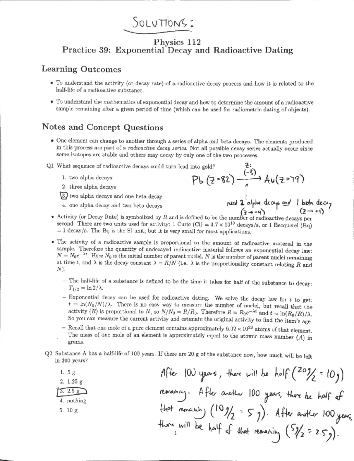 Exponential Decay Practice - PHY 112 - Studocu