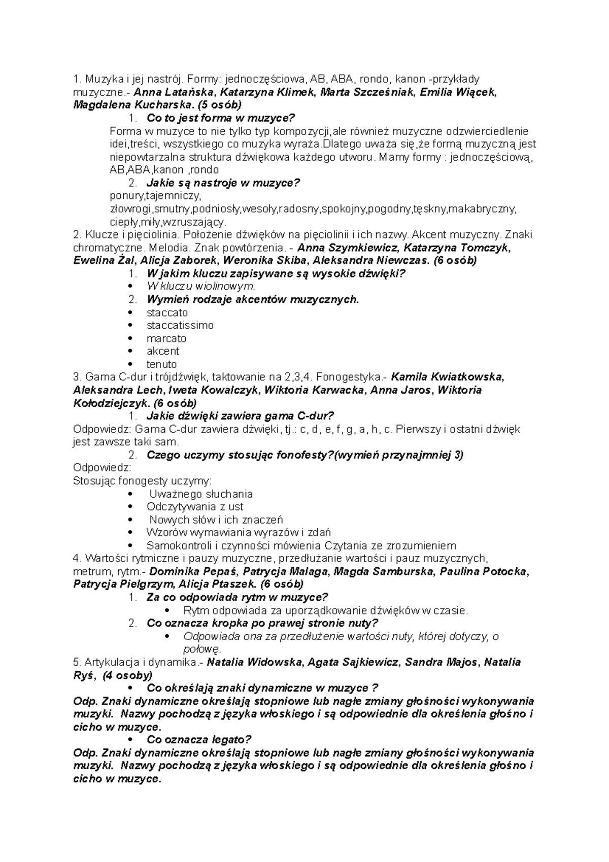 Pytania muzyka - Kolokwium - Muzyka i jej nastrój. Formy ...