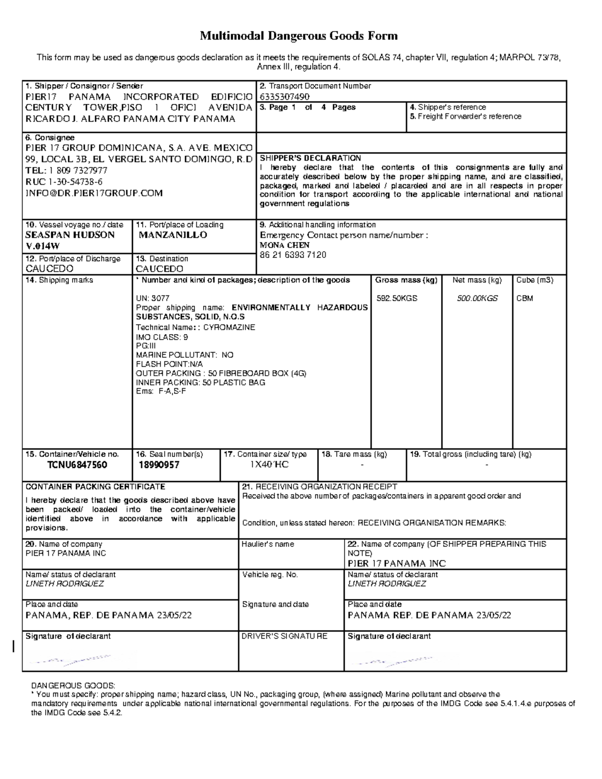 Multimodal 6335307490 - This form may be used as dangerous goods ...