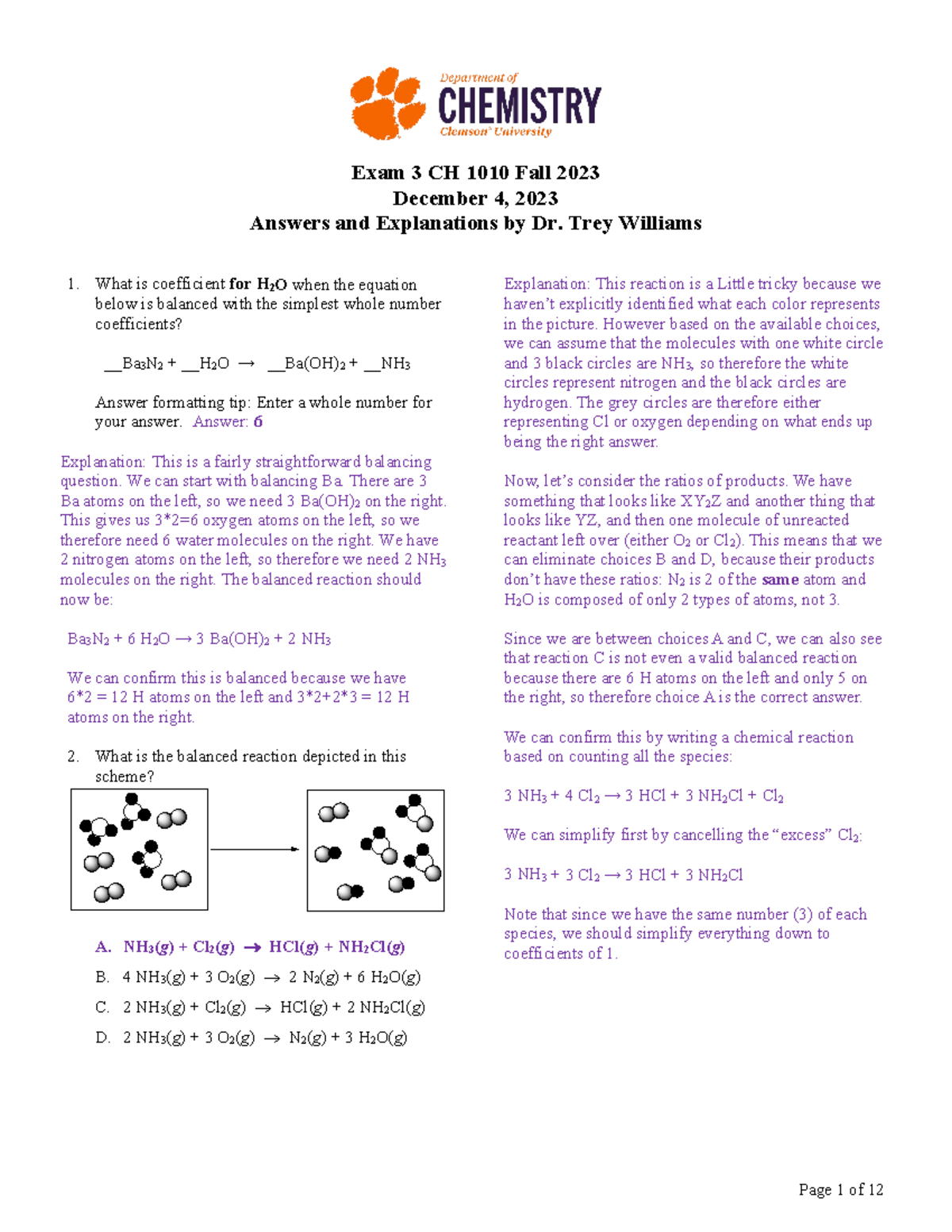 Exam 3 CH 1010 Fall 2023 answers and explanations - Exam 3 CH 1010 Fall 2023 December 4, 2023 ...