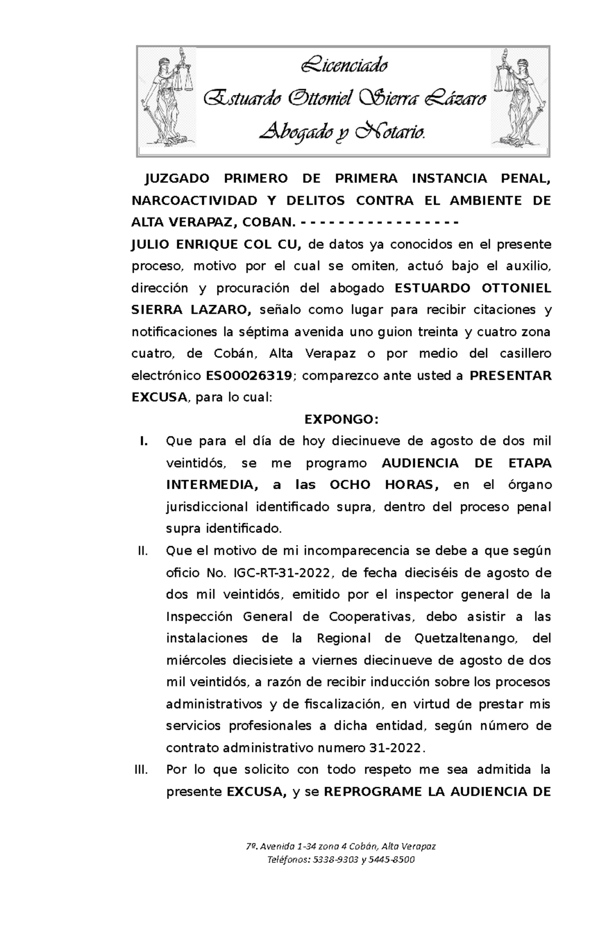 Memorial Excusa 27-04-21 - EXPEDIENTE NO. _____________________ JUZGADO ...