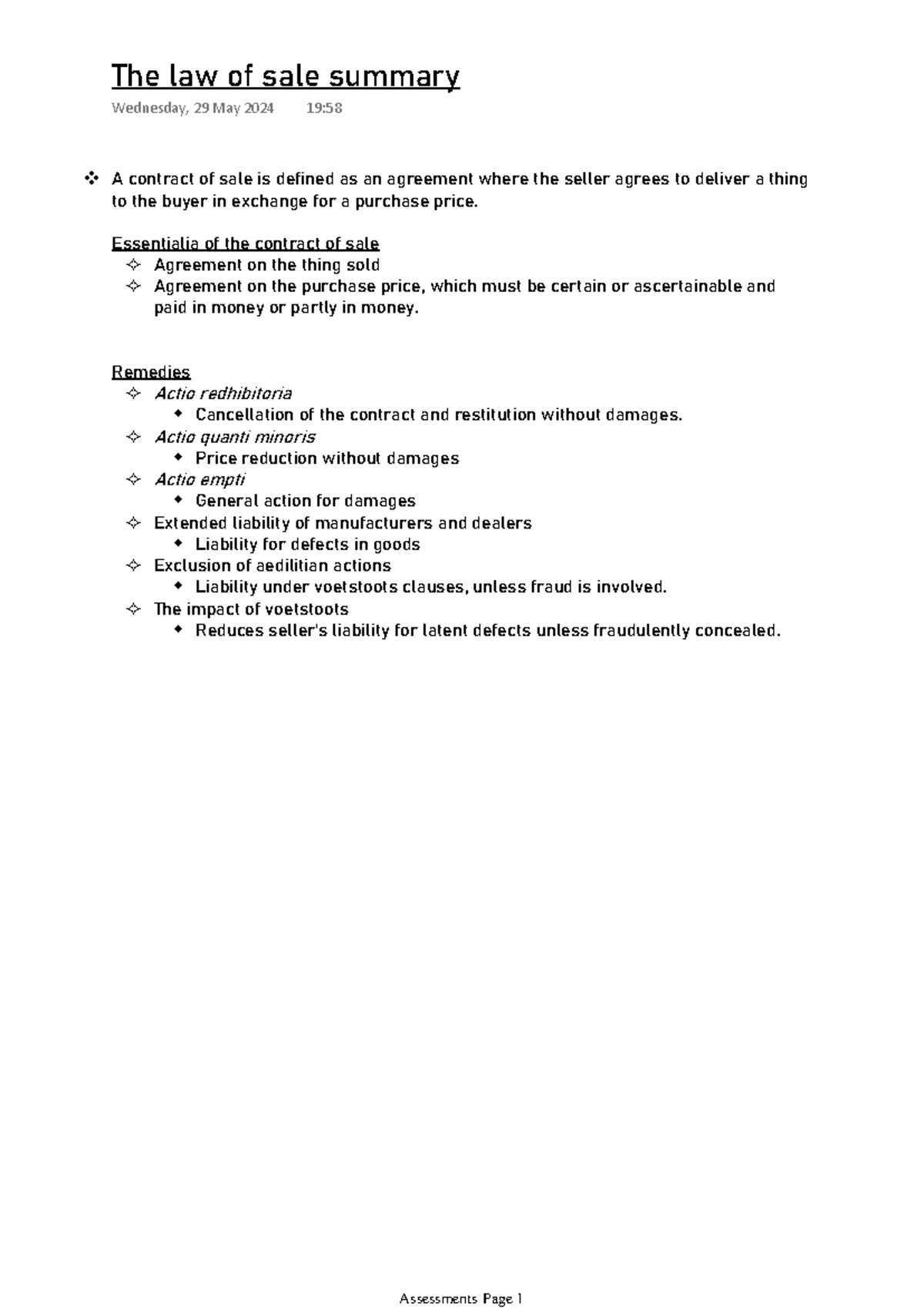 The law of sale summary - A contract of sale is defined as an agreement ...