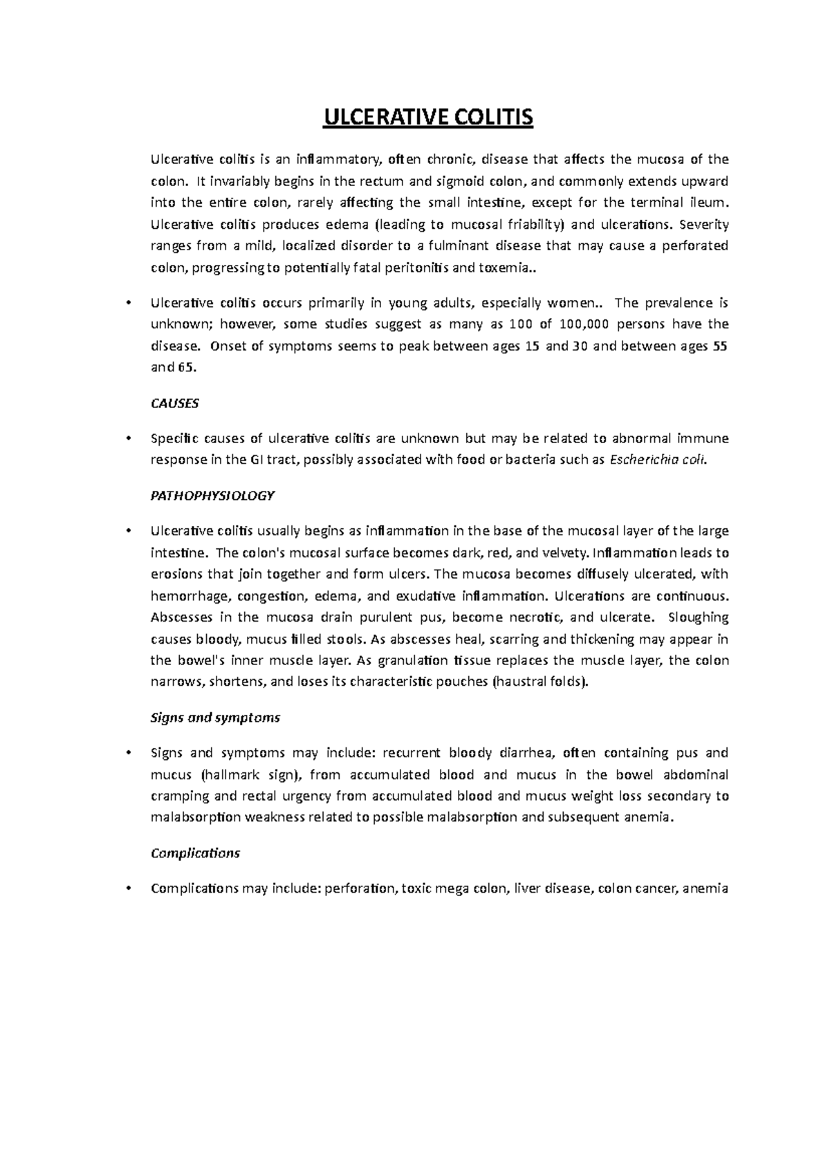 Ulcerative Colitis Pathophysiology - ULCERATIVE COLITIS Ulcerative ...