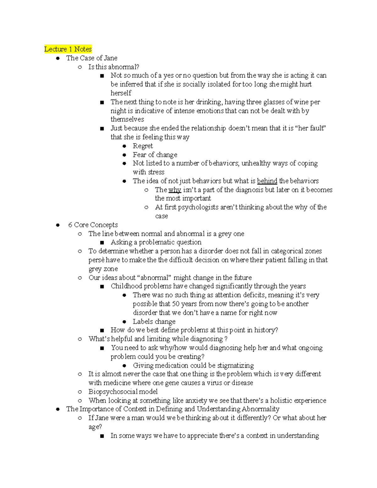 Notes For First Test Lecture Notes Lecture 1 Notes The Case Of Jane ï Is This Abnormal 5993