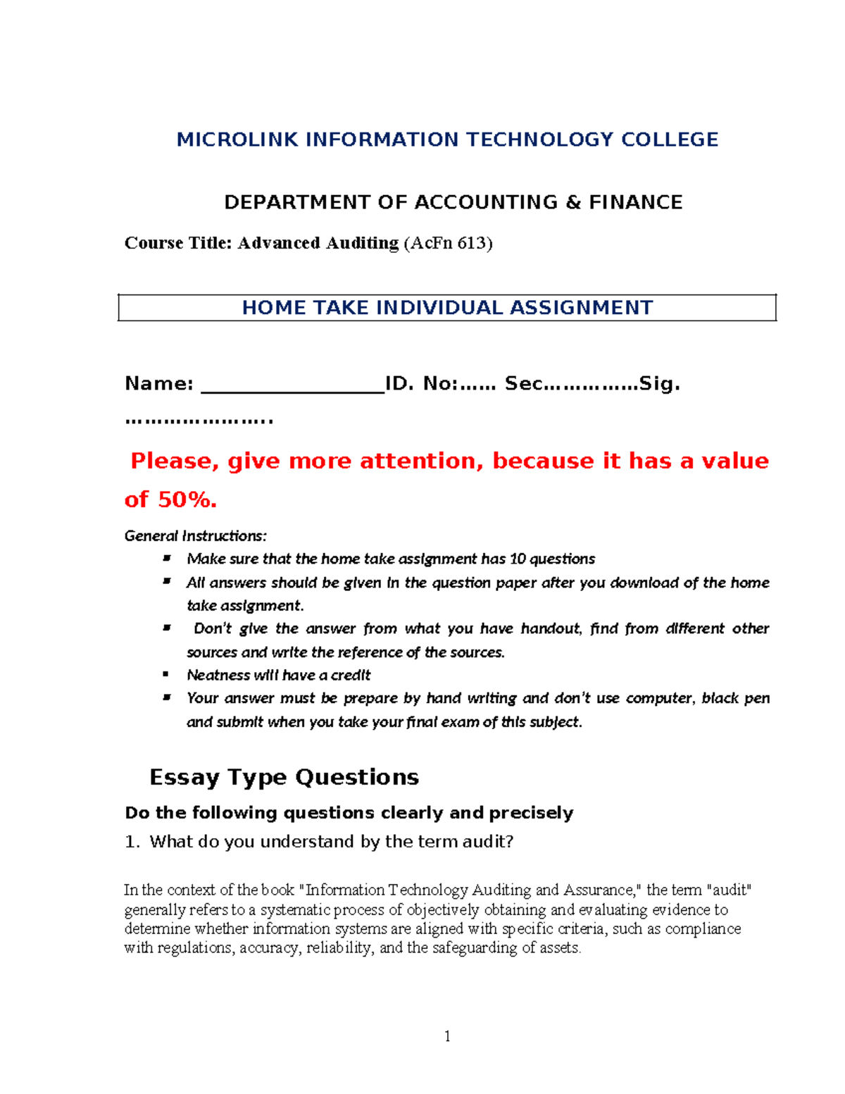 Principle Auditing Assignment - MICROLINK INFORMATION TECHNOLOGY ...