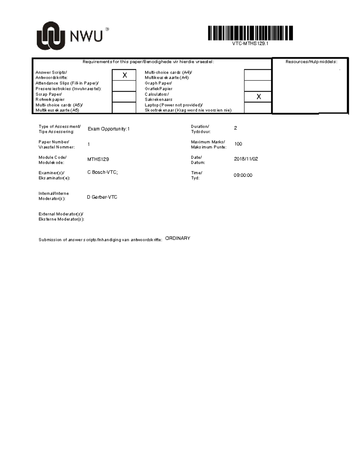 2018 MTHS 129 November past Exam paper - Type of Assessment/ Tipe ...