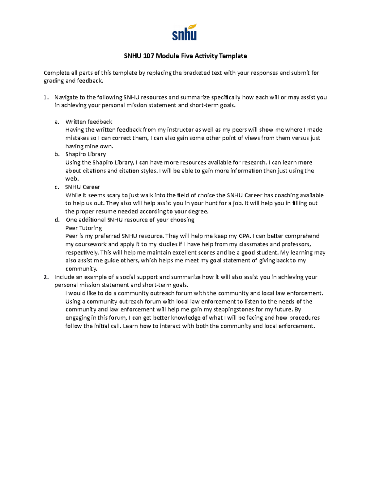 SNHU 107 Module 5 Activity 5-2 - SNHU 107 Module Five Activity Template Complete all parts of ...