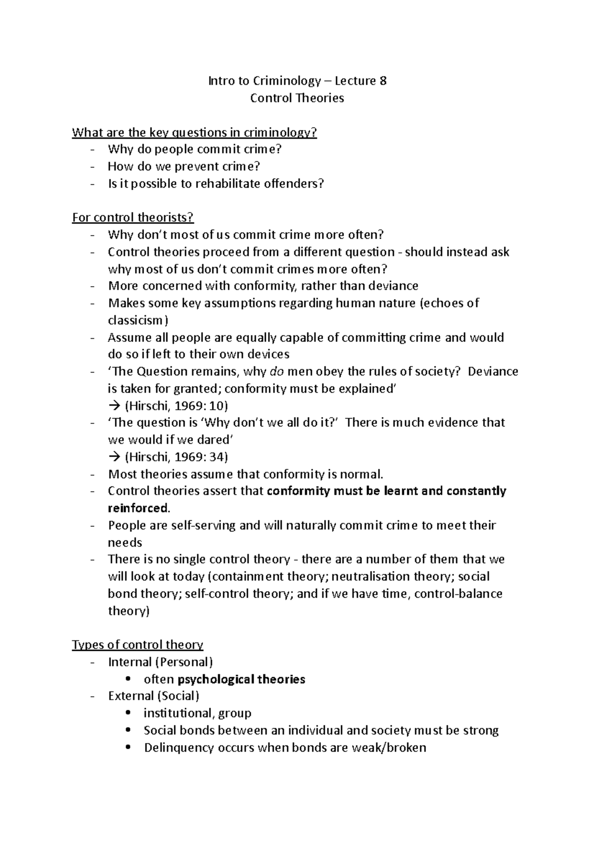 Lecture 8- Control Theories - Intro to Criminology – Lecture 8 Control ...