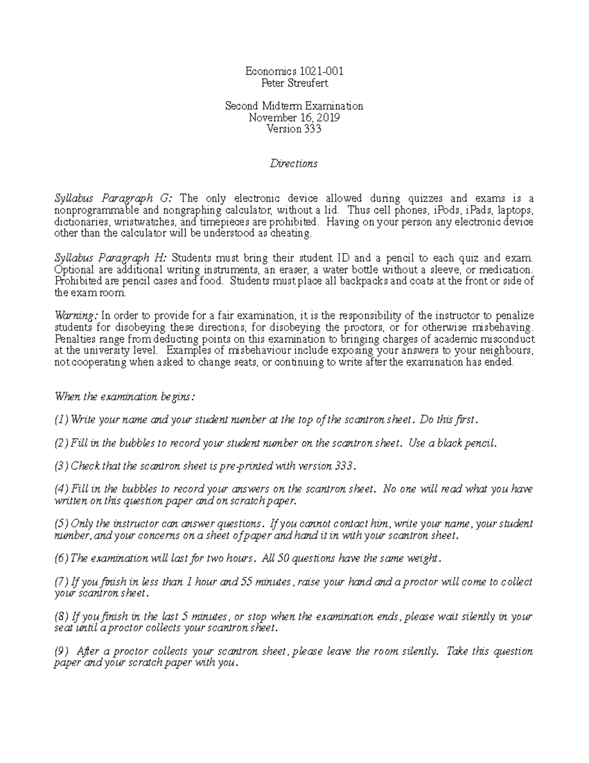 Second midterm Exam for econ 1021 - Economics 1021- Peter Streufert ...