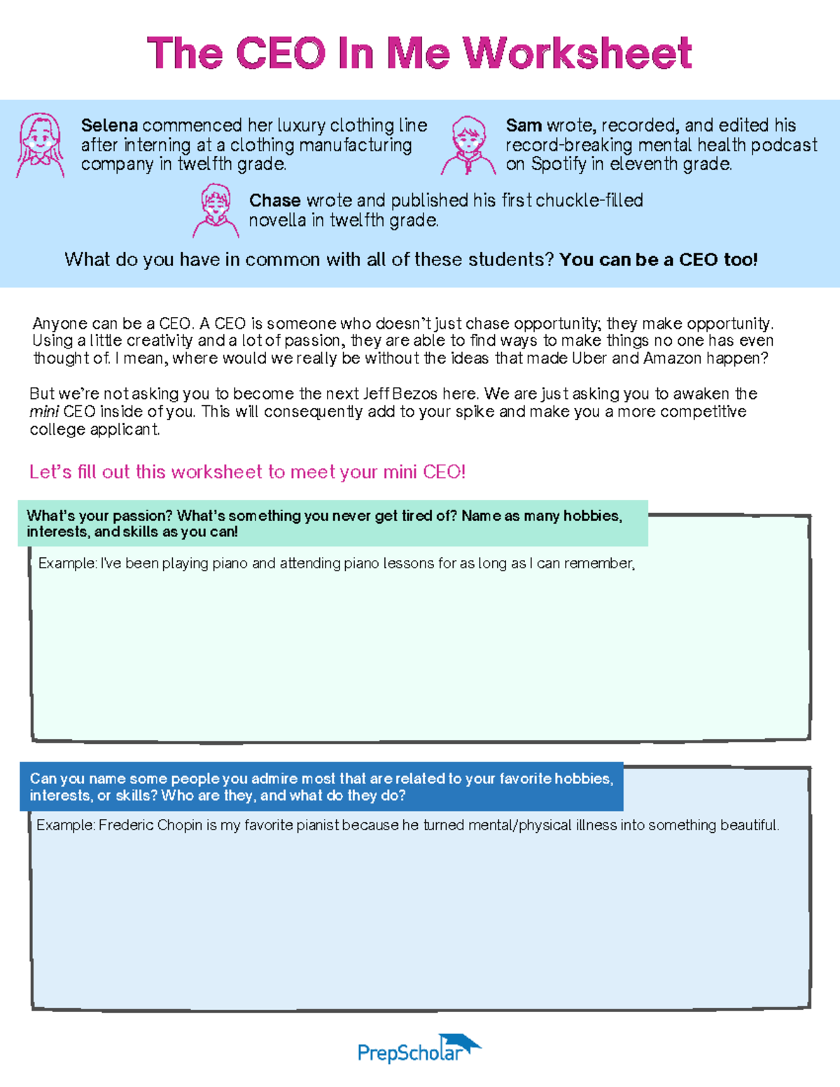 The CEO In Me Worksheet - Prep Scholar Free Resource - The CEO In Me ...