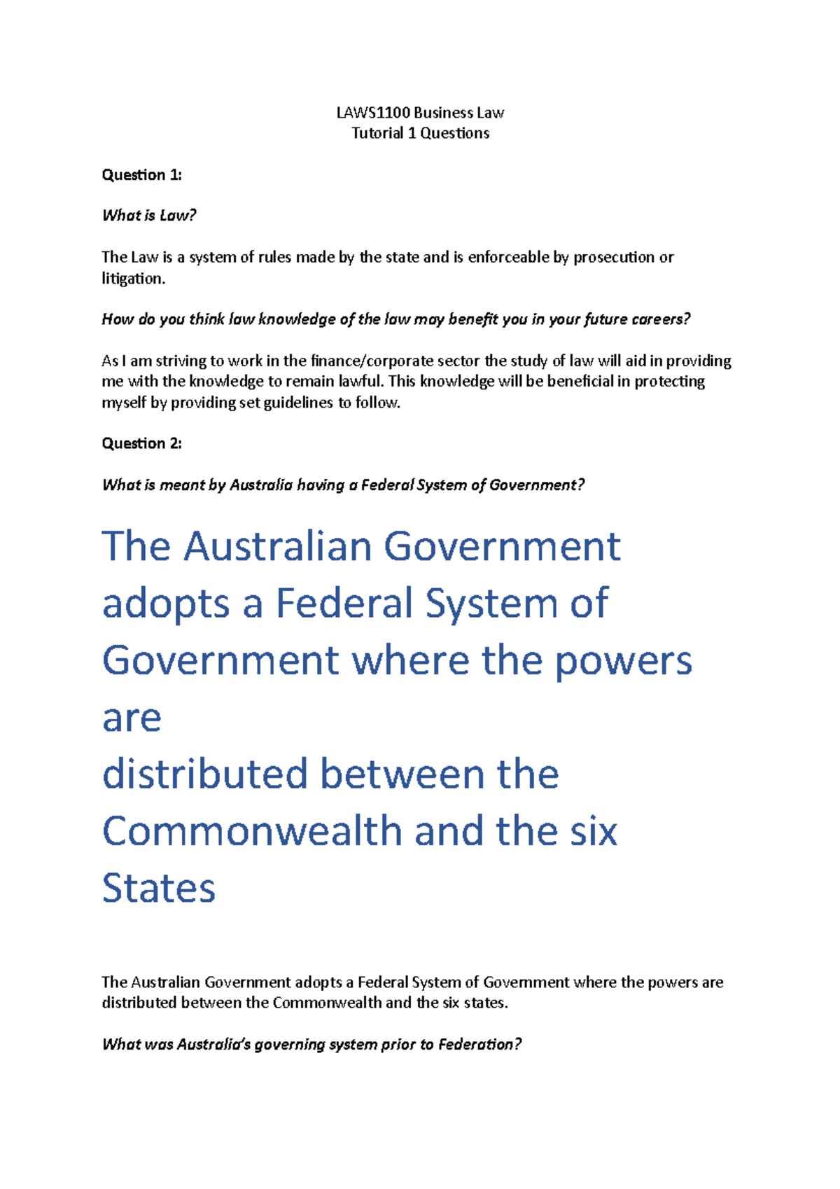 LAWS1100 tutorial 1 QA - LAWS1100 Business Law Tutorial 1 Questions ...