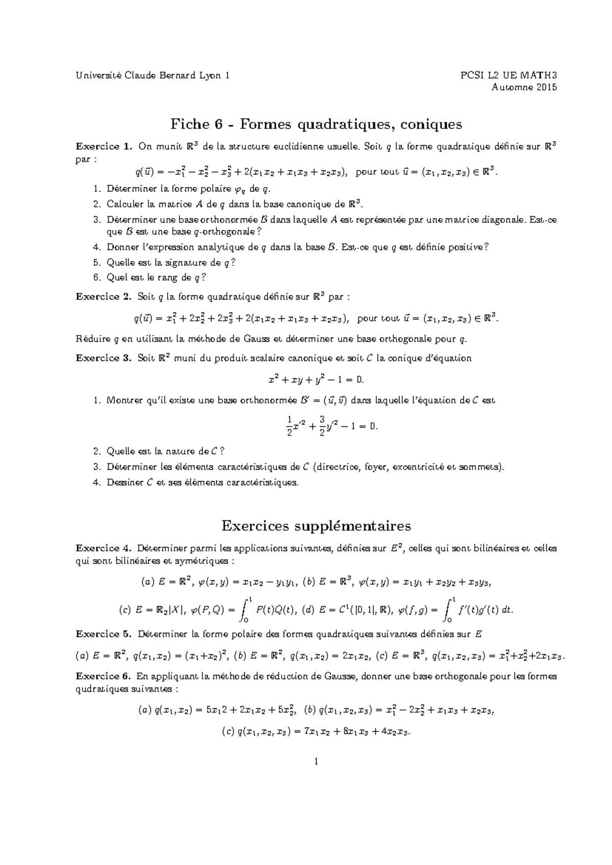 Formes Quadratiques - On munit R 3 de la structure euclidienne usuelle ...