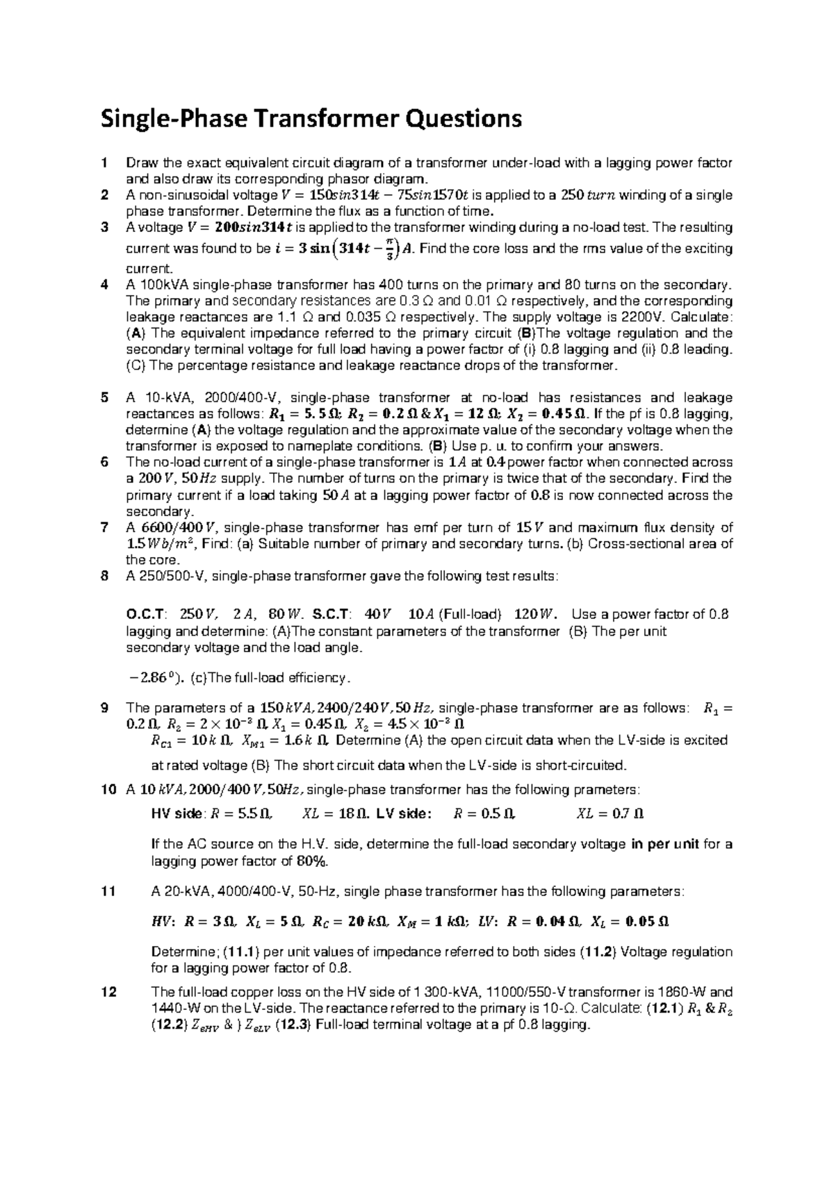 Single phase Transformer Questions - S2-2024 - Single-Phase Transformer ...