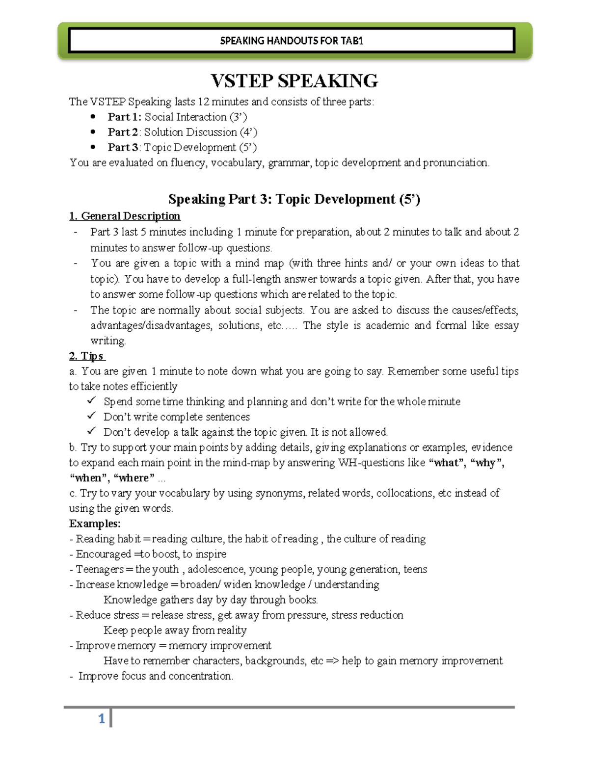 T01 Speaking Vstep Speaking Test Part 3 - VSTEP SPEAKING The VSTEP ...