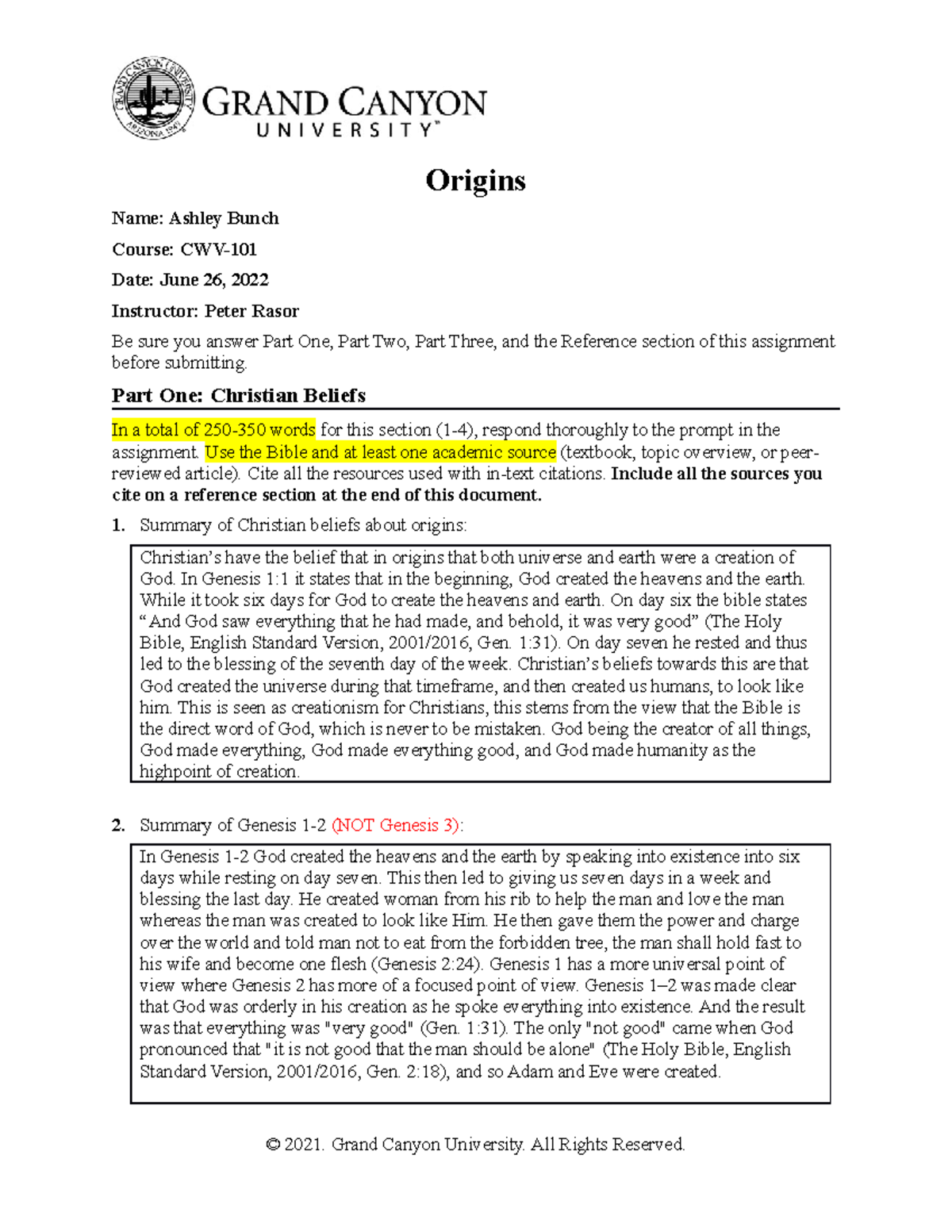 Origins - Origins Name: Ashley Bunch Course: CWV- Date: June 26, 2022 ...