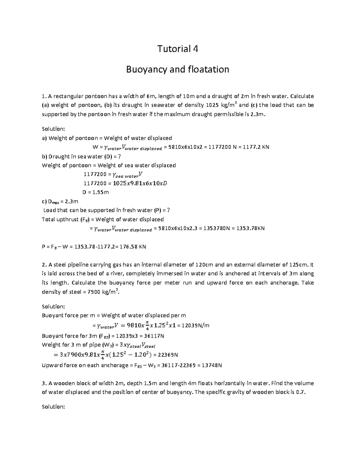4 buoyancy-and-floatation tutorial-solution - Tutorial 4 Buoyancy and ...