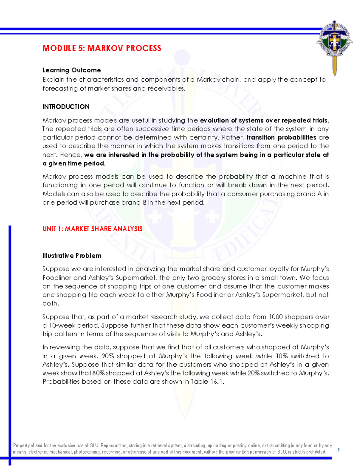 Module 5 Markov Chains - Property of and for the exclusive use of SLU ...