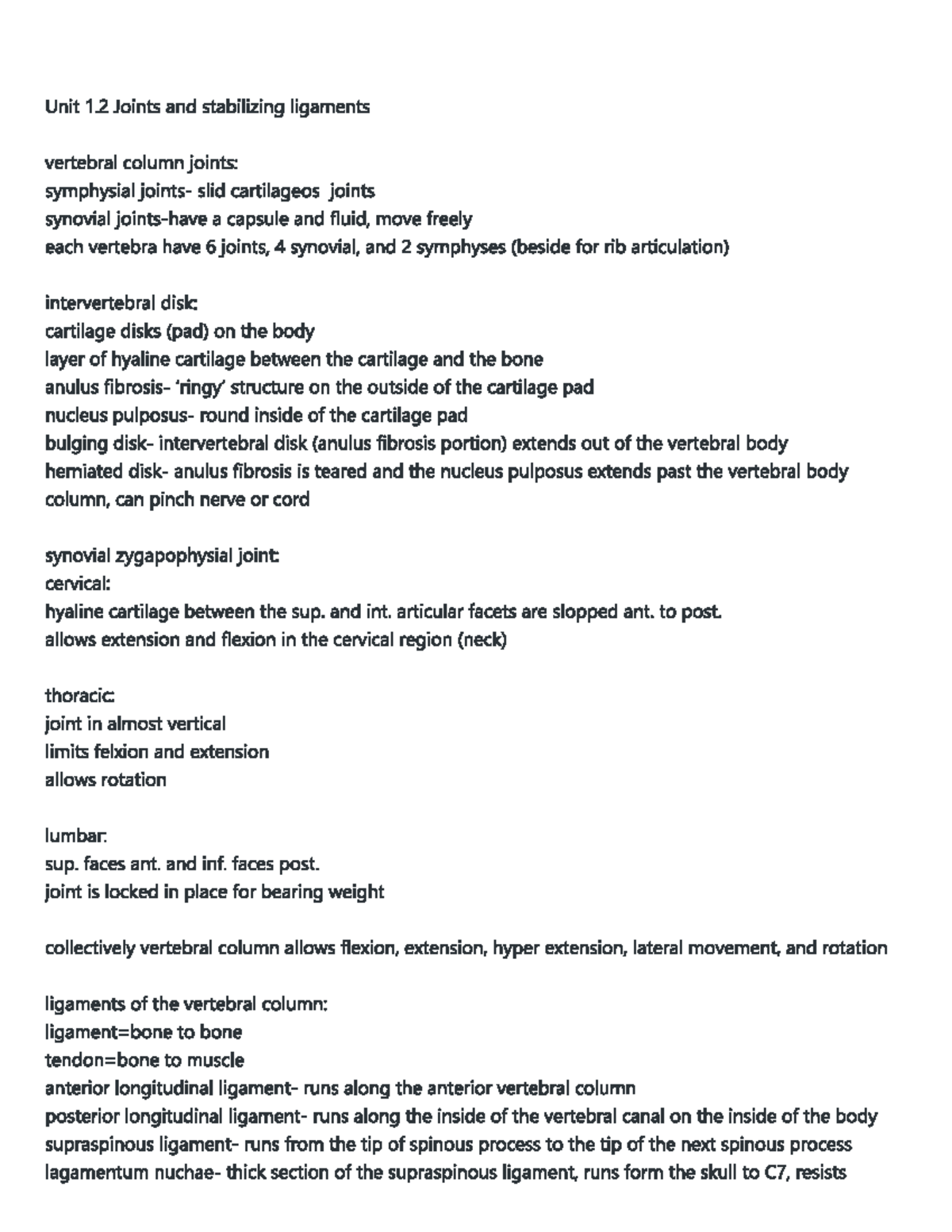 Joints and stabalizing lagaments of the vertebral column - Unit 1 ...