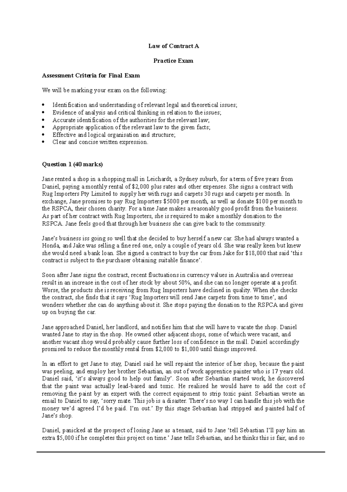 Practice Exam 4 Law Of Contract A Practice Exam Assessment Criteria