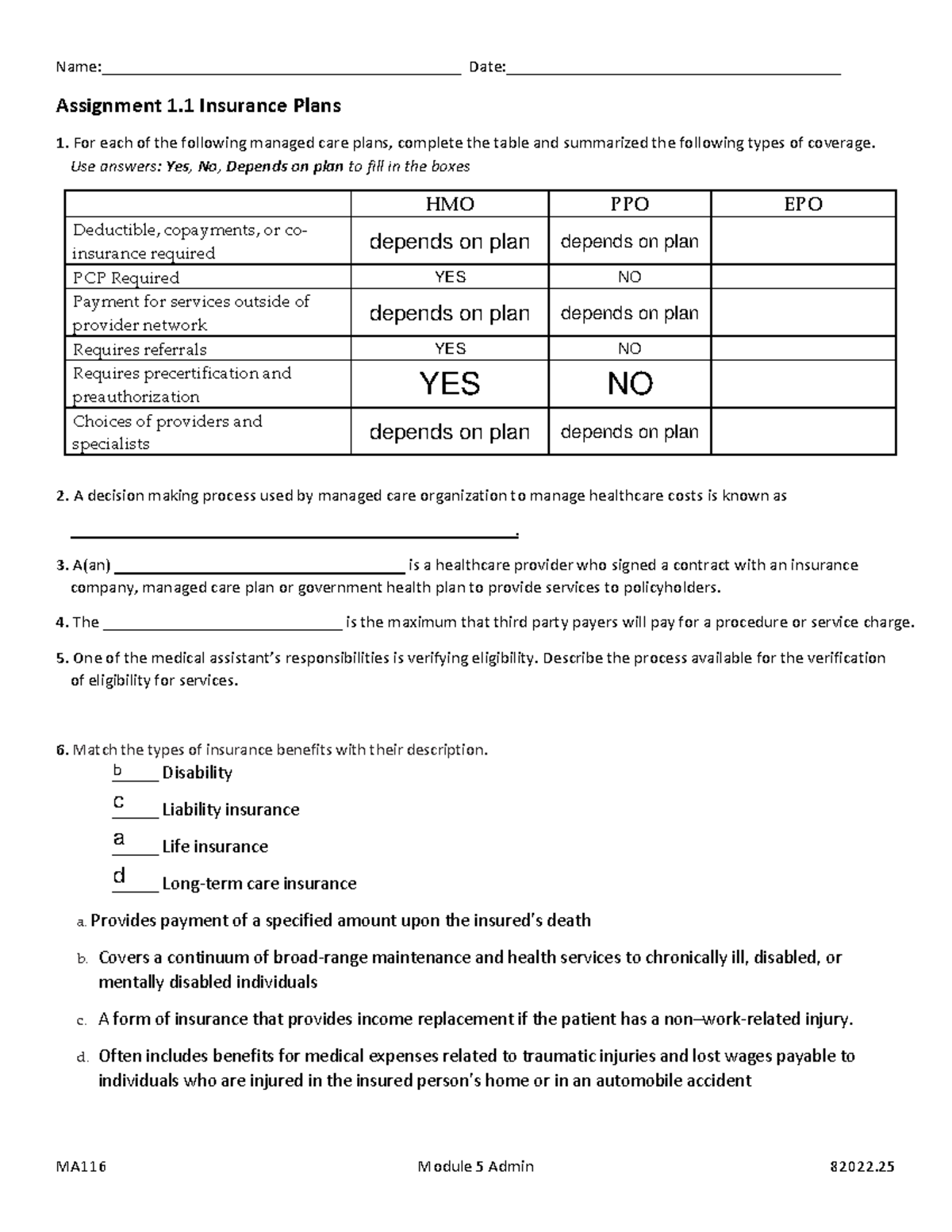 MA116 Assignment 1.1 Insurance Plans 1-30 - MA 116 Module 5 Admin 82022 ...
