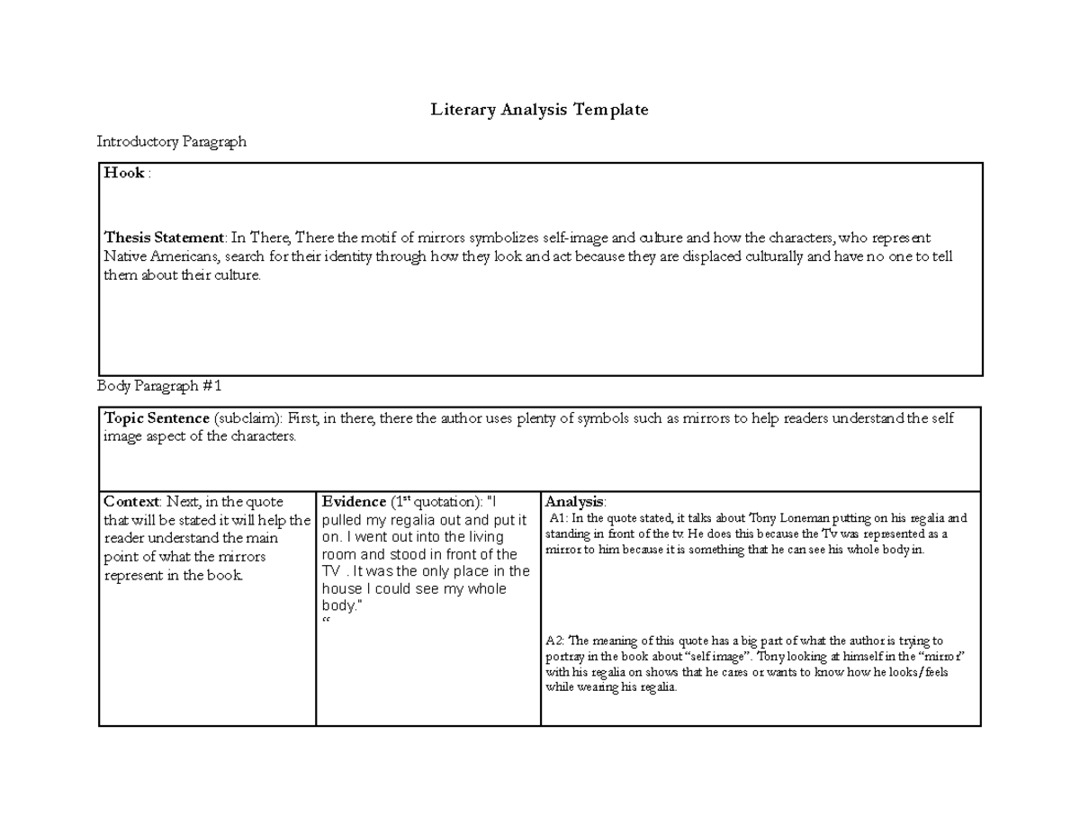 Literary Analysis Template - Literary Analysis Template Introductory ...