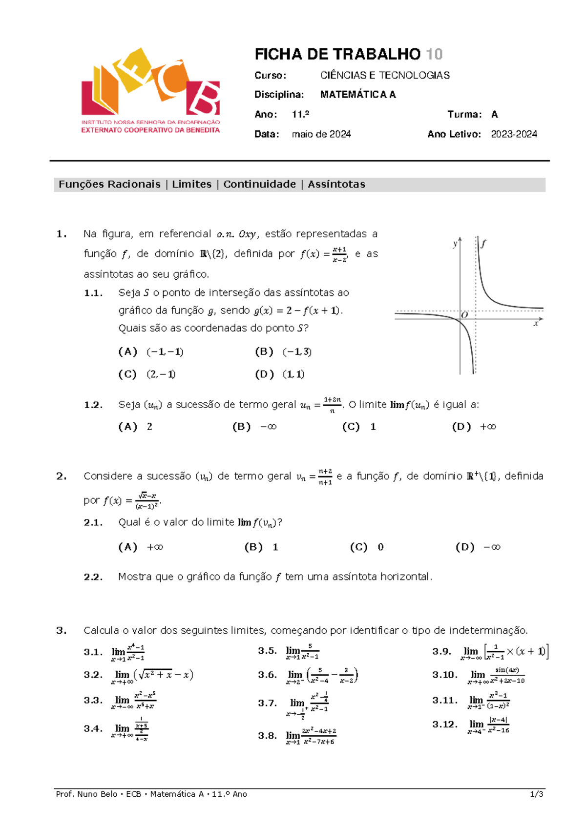 10 ft 10 funções racionais - Prof. Nuno Belo ECB Matemática A 11 .º Ano ...