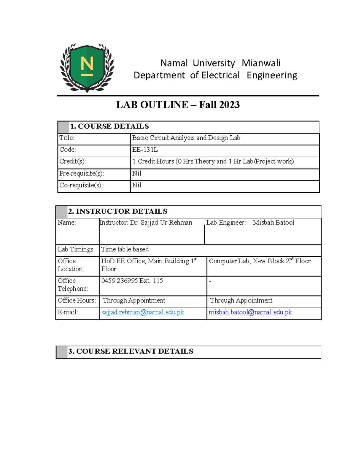 652550805 e305Bcad lab outline - LAB OUTLINE – Fall 2023 1. COURSE ...