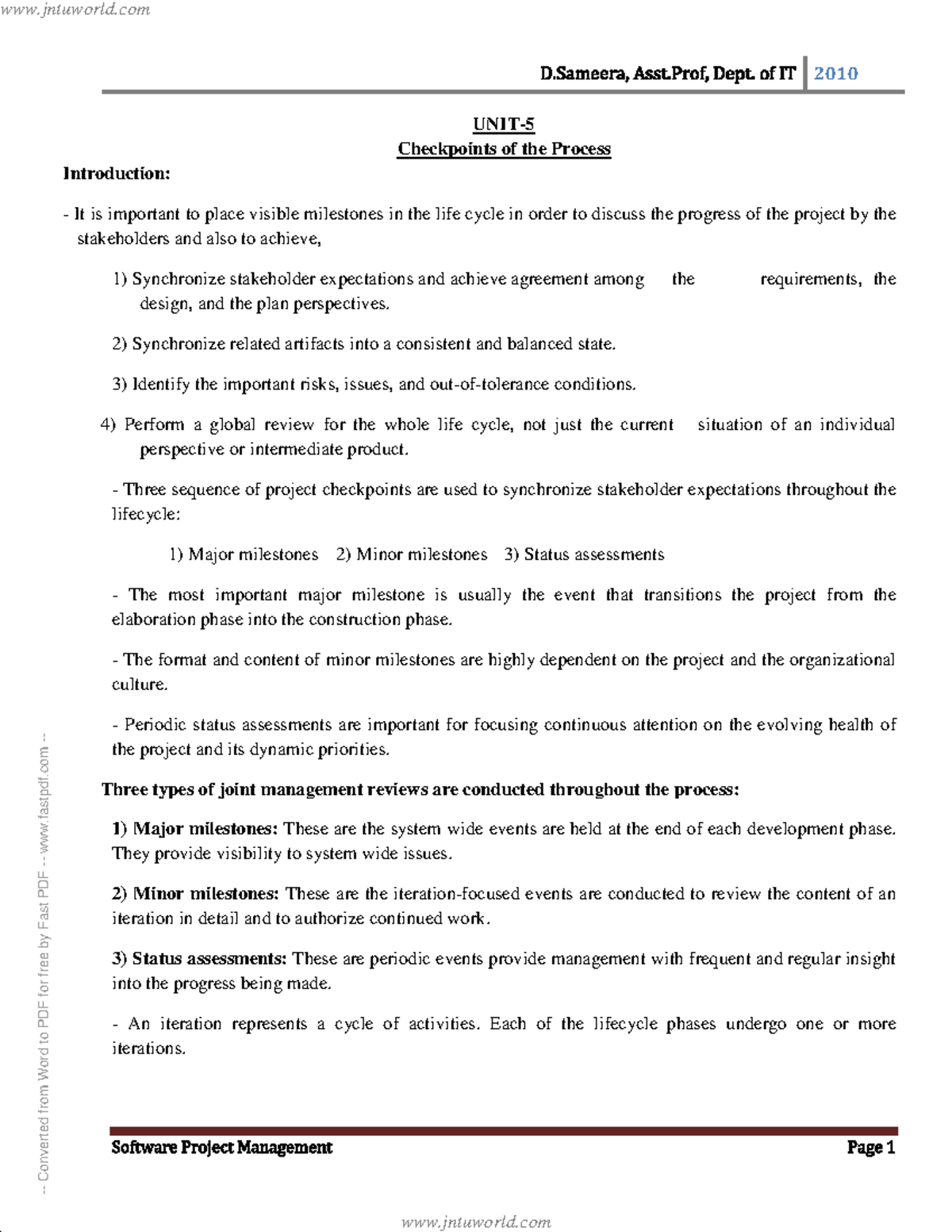 SPM2 - BTECH CSE 3-1 SPM - UNIT- Checkpoints of the Process Introduction: It is important to ...