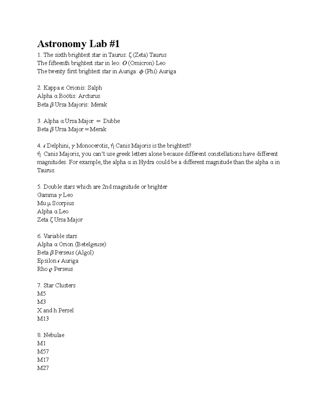 Astronomy 129 Part 3 - Lab Work - Astronomy Lab 1. The sixth brightest ...