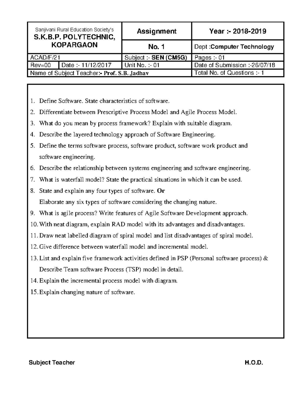 Software Engineering Assignment 1 - Sanjivani Rural Education Society’s S.K.B. POLYTECHNIC ...