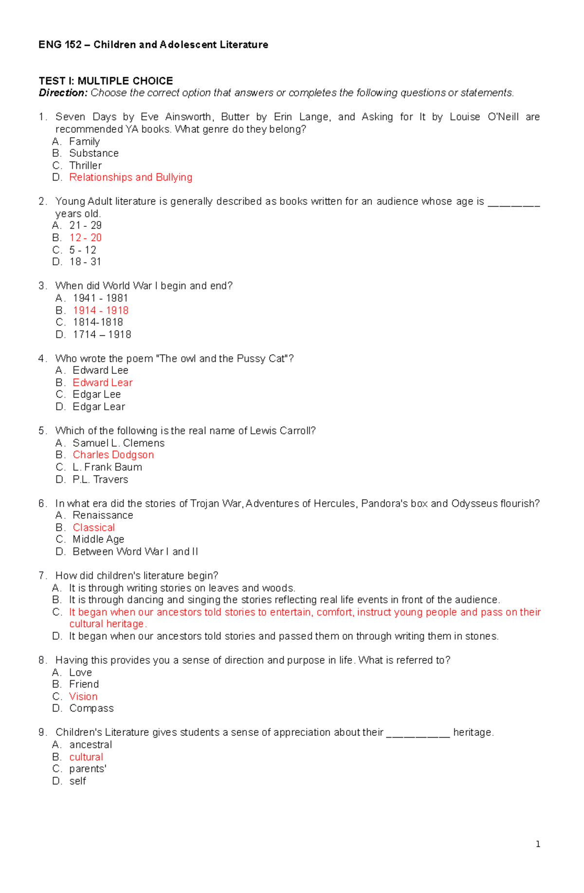 Eng children and adolescent literature - ENG 152 – Children and ...