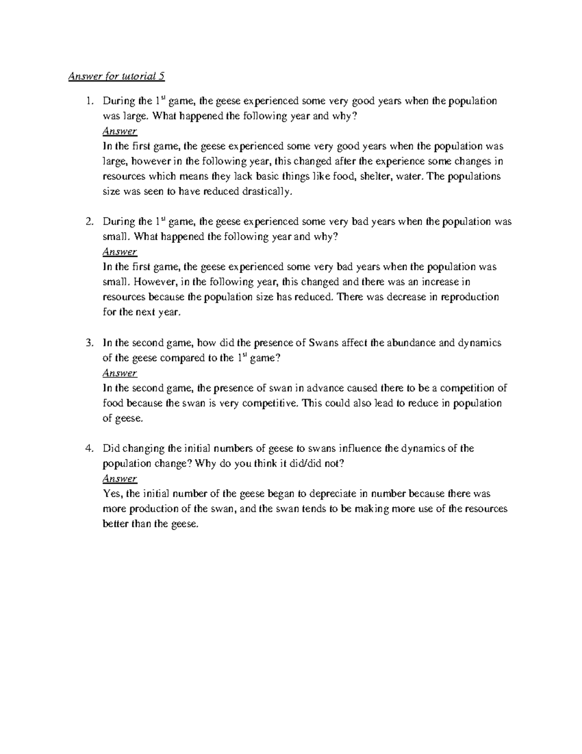 Tutorial 5 Answer Sheet Answer For Tutorial 5 During The 1st Game The Geese Experienced Some