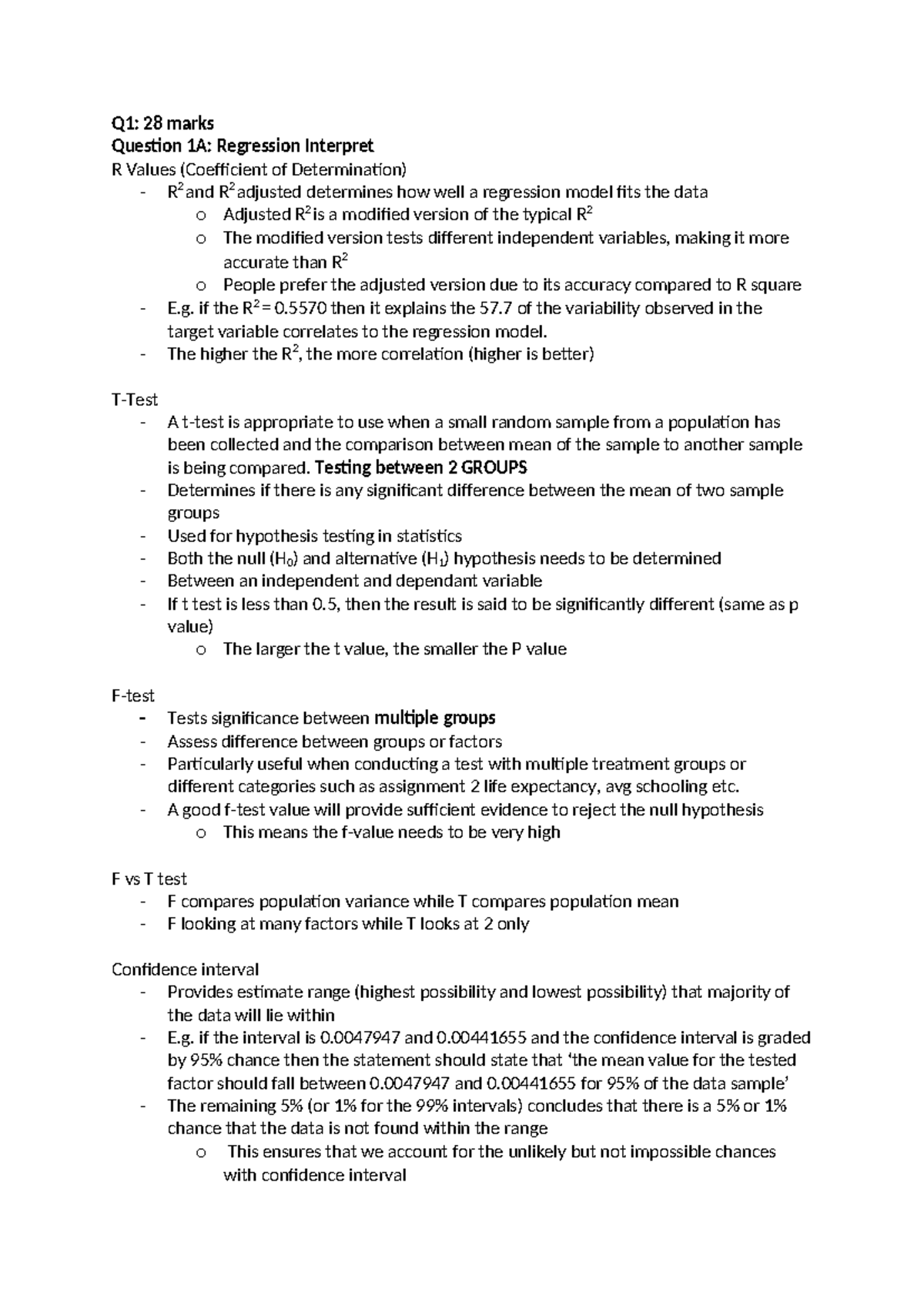 EFB222 Final Exam Notes - Q1: 28 marks Question 1A: Regression ...