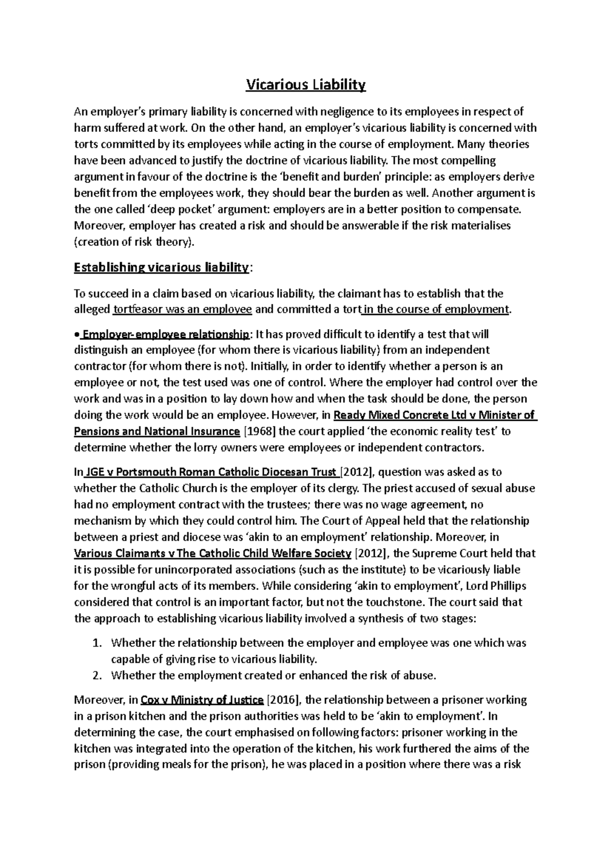 Vicarious-liability - Module summary - Vicarious Liability An employer ...