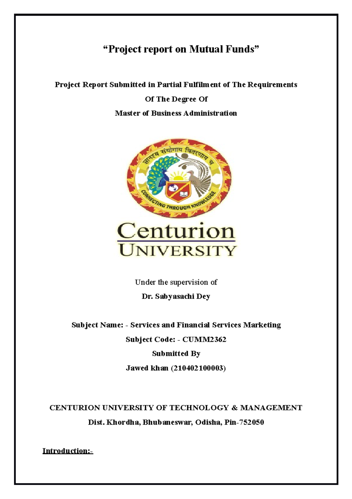 210402100003 - Jawed khan - Project report on Mutual Funds - “Project ...