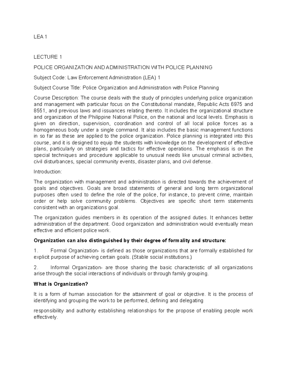 Lecture 1- LEA 1 - LEA 1 LECTURE 1 POLICE ORGANIZATION AND ...