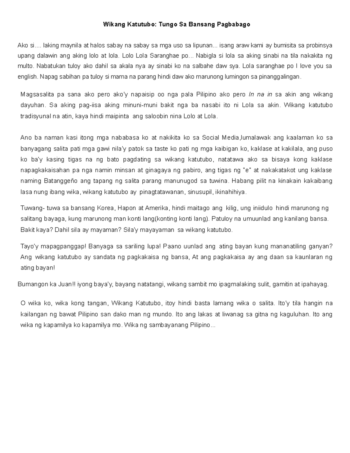 Monologo Monologue Script Wikang Katutubo Tungo Sa Bansang