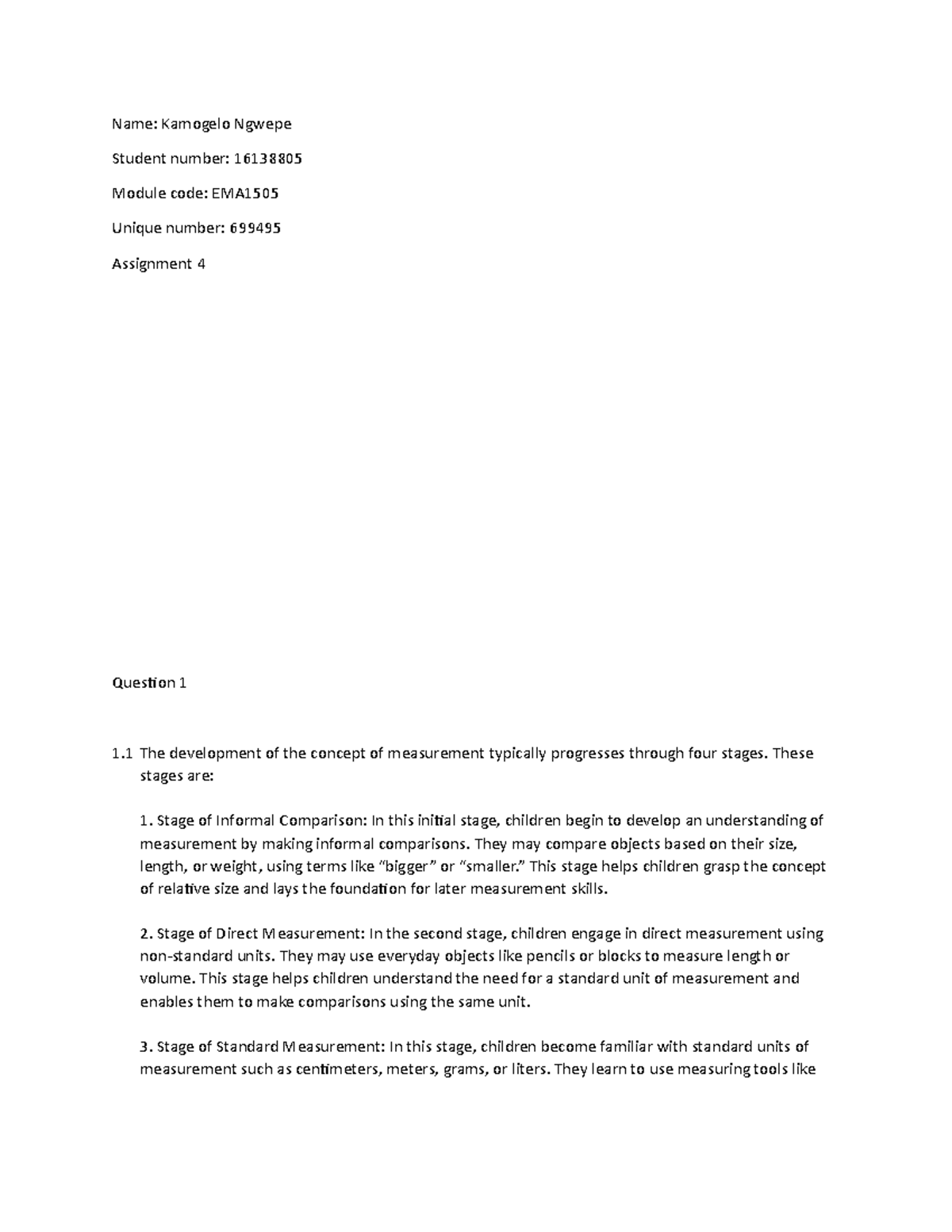 Document - Name: Kamogelo Ngwepe Student number: 16138805 Module code: EMA Unique number: 699495 ...