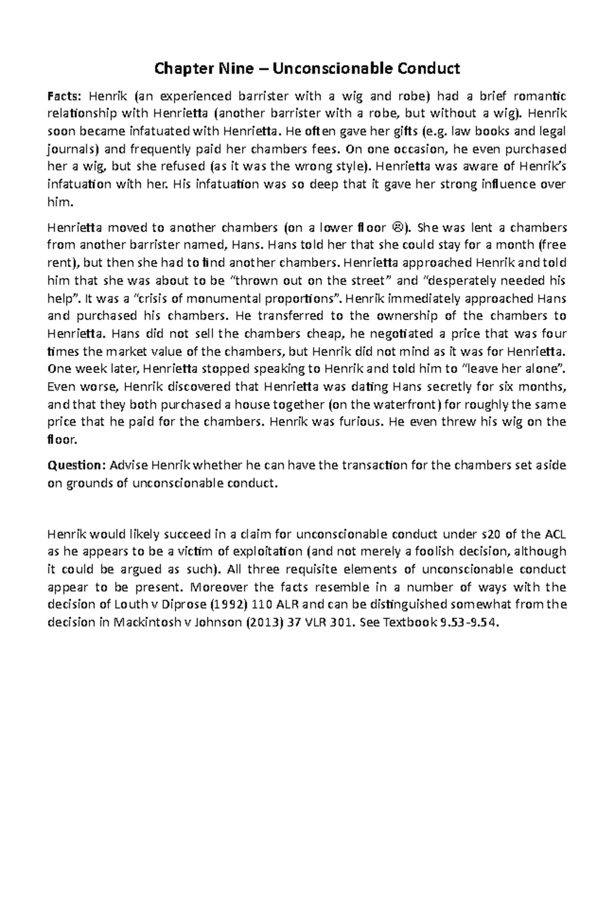 Tutorial Six - Unconscionable Conduct - Chapter Nine – Unconscionable ...