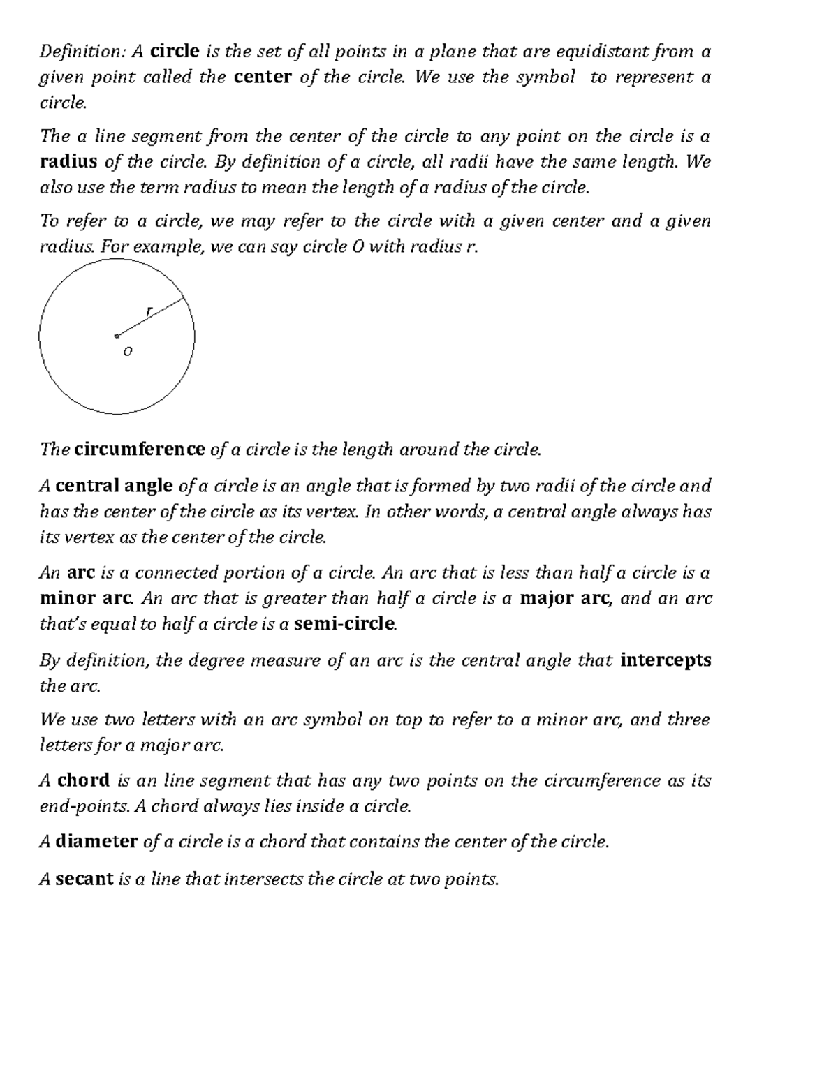 Geometry note circle - Definition: A circle is the set of all points in ...