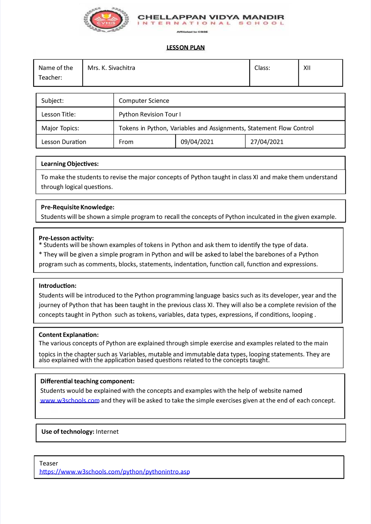 Pdf Lesson Plan Xii Chapter 1 Python Revision Tour I Compress
