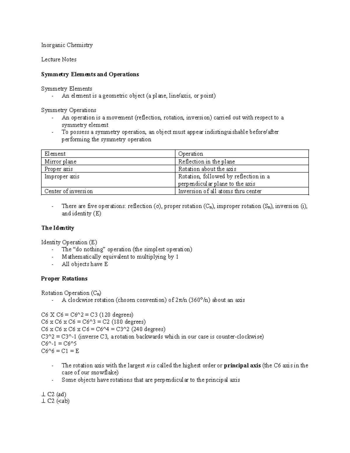 Lecture 1 - Inorganic Chemistry Lecture Notes Symmetry Elements and ...