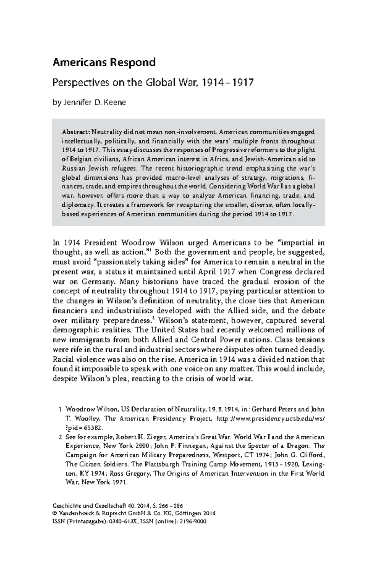 Readings 18 USA in WW - None - Americans Respond Perspectives on the Global War, 1914 – 1917 by ...