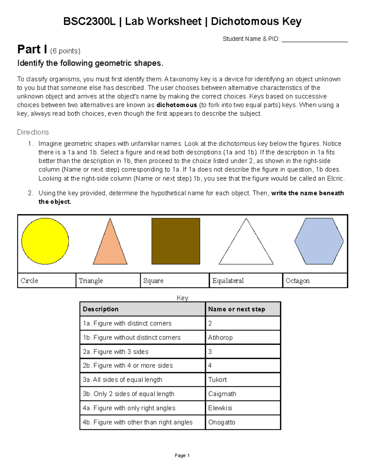 Lab Worksheet Dichotomous Key-1 - Student Name & PID ...