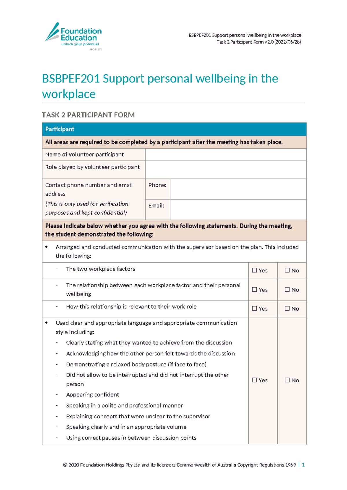 Bsbpef 201 - WPT Task 2 Participant Form (BSB) - BSBPEF201 Support ...