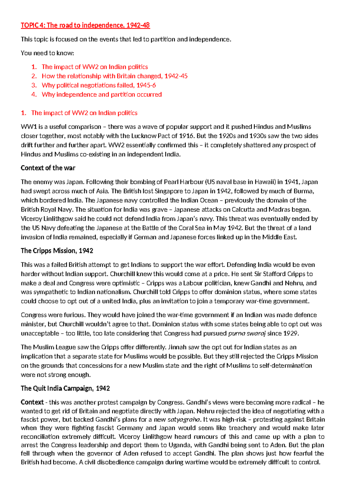 India Topic 4 Booklet - TOPIC 4: The road to independence, 1942- This ...