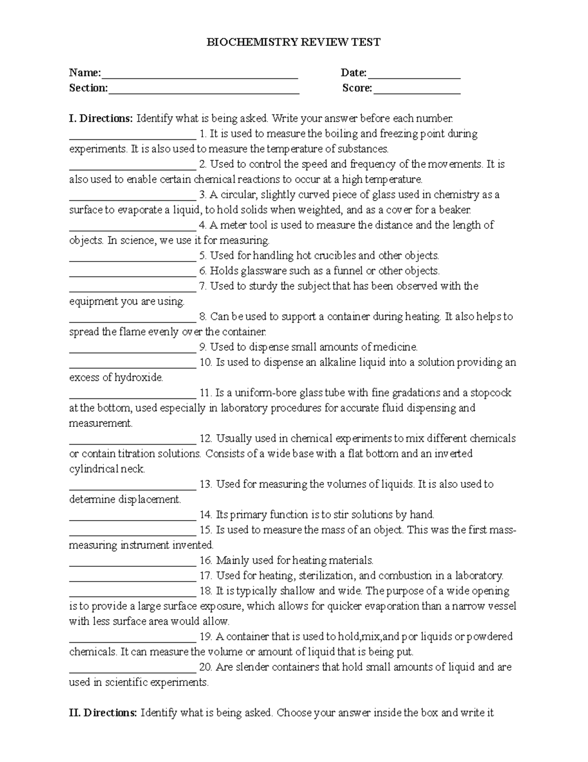 Biochemistry Review TEST - BIOCHEMISTRY REVIEW TEST Name