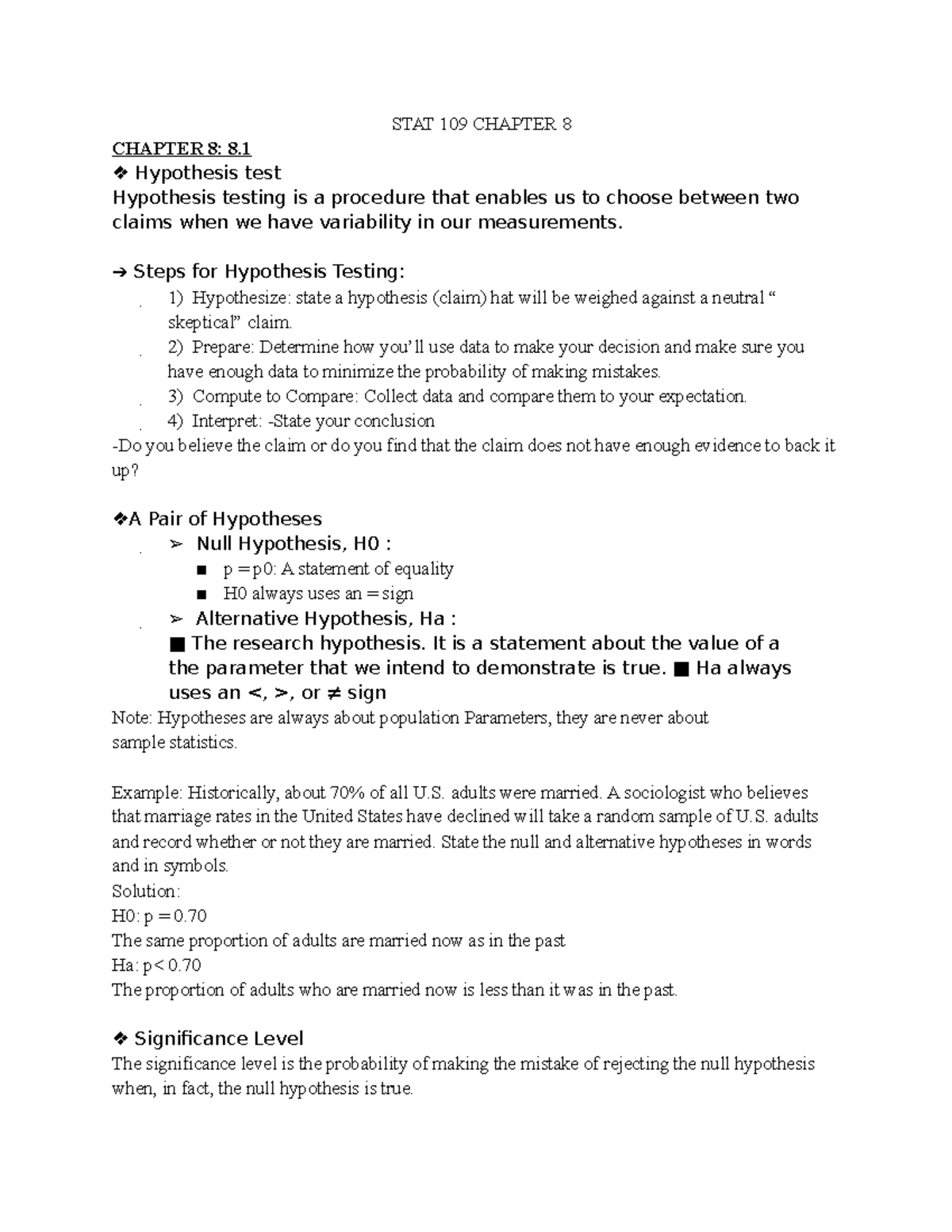 Stat 109 chapter 8 notes - STAT 109 CHAPTER 8 CHAPTER 8: 8. Hypothesis ...