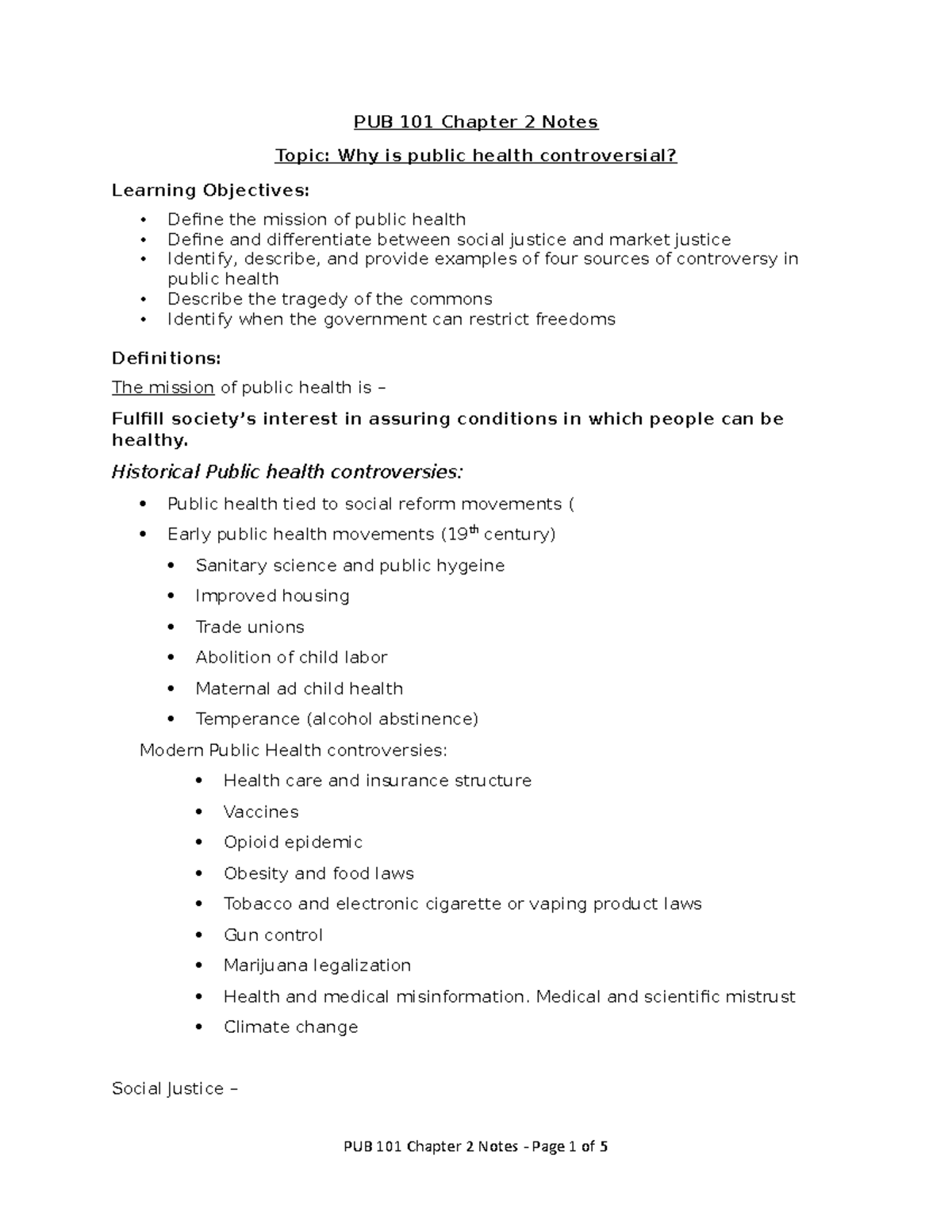 Ch2 notes public health - PUB 101 Chapter 2 Notes Topic: Why is public ...